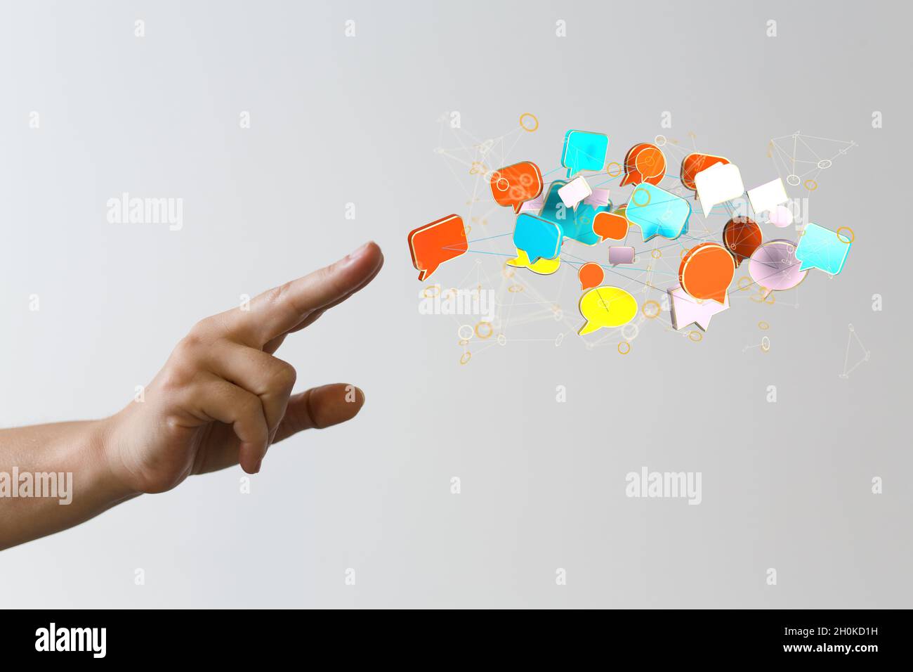 3D rendering of a businessman pointing at floating email icons against a dark blue background ...