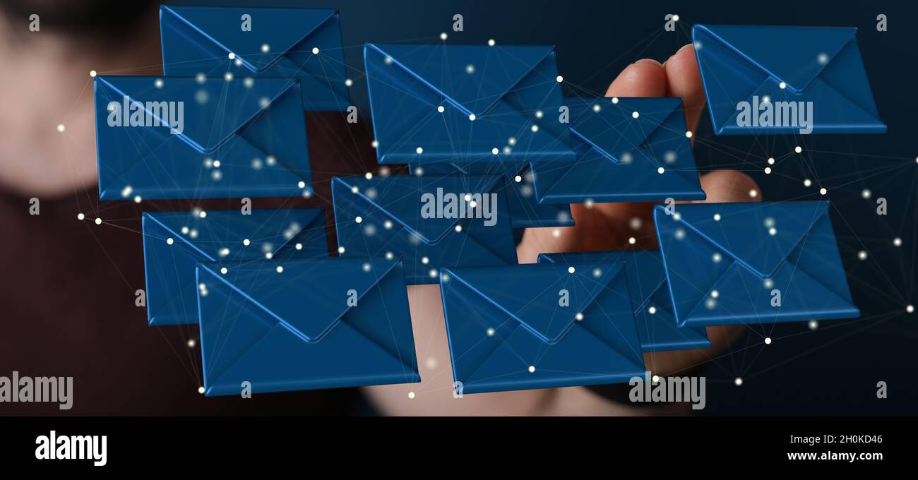 3D rendering of a businessman pointing at floating email icons against ...