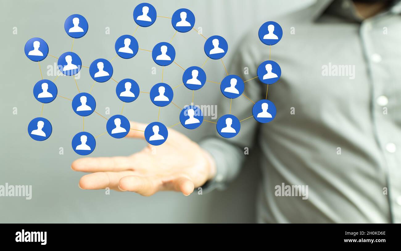 3D rendering of a team connection and network symbol and a male hand on ...