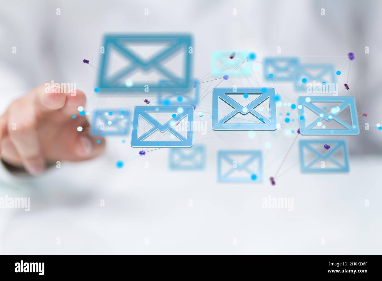 3D rendering of a man pointing at floating email icons - Concept of ...