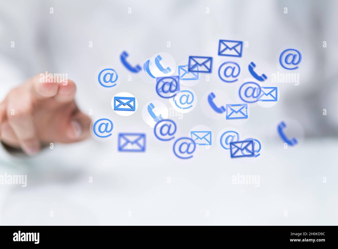 3D rendering of a man pointing at floating email icons - Concept of ...