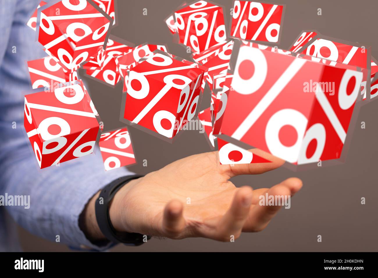 3D illustration of red cubes with the percent sign, floating above a ...