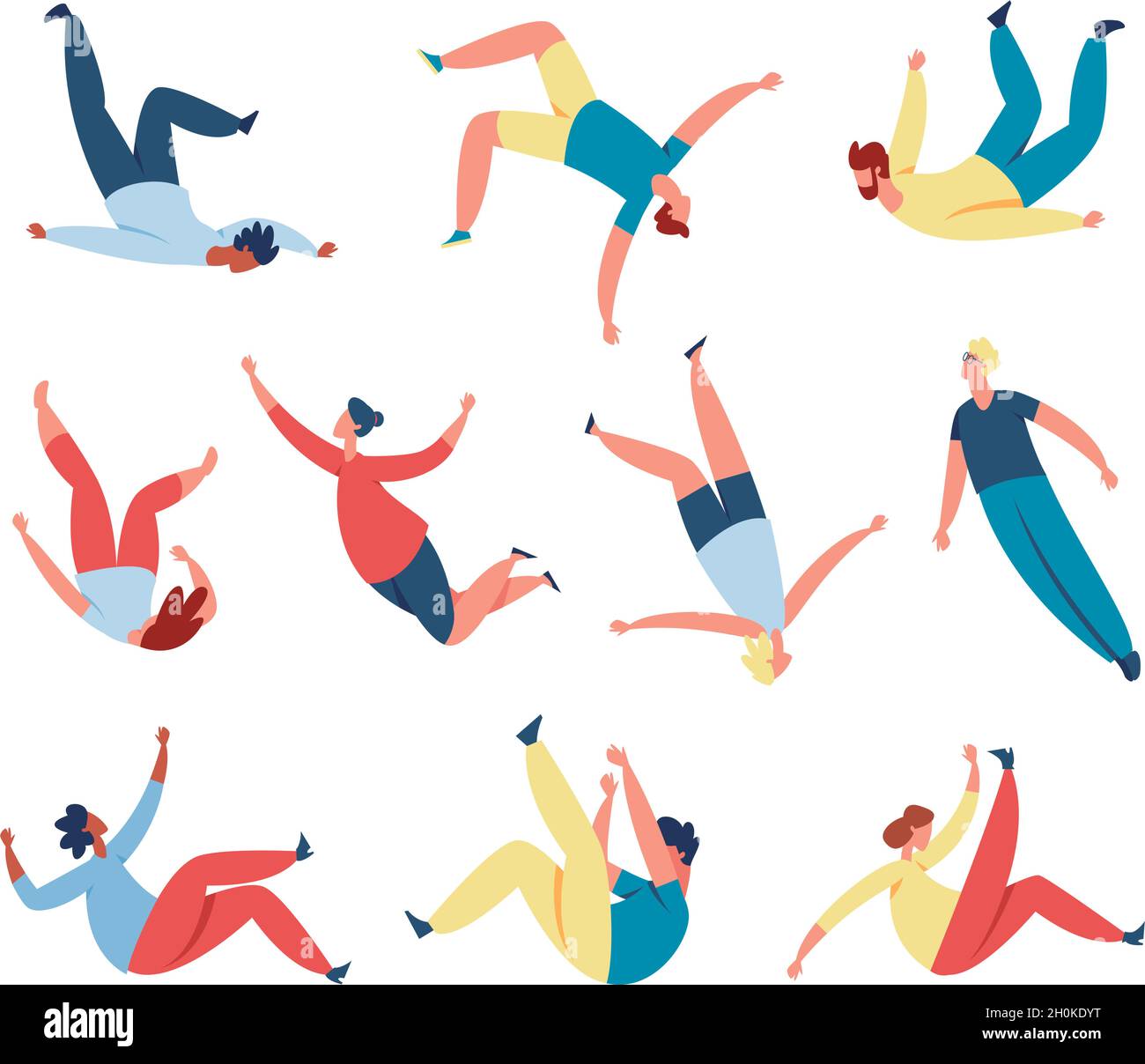 People floating, soaring in air or sky, person flying in space. Men and ...