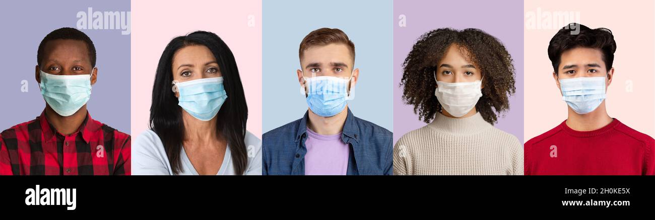 Calm confident young and adult multiethnic people in protective masks ...