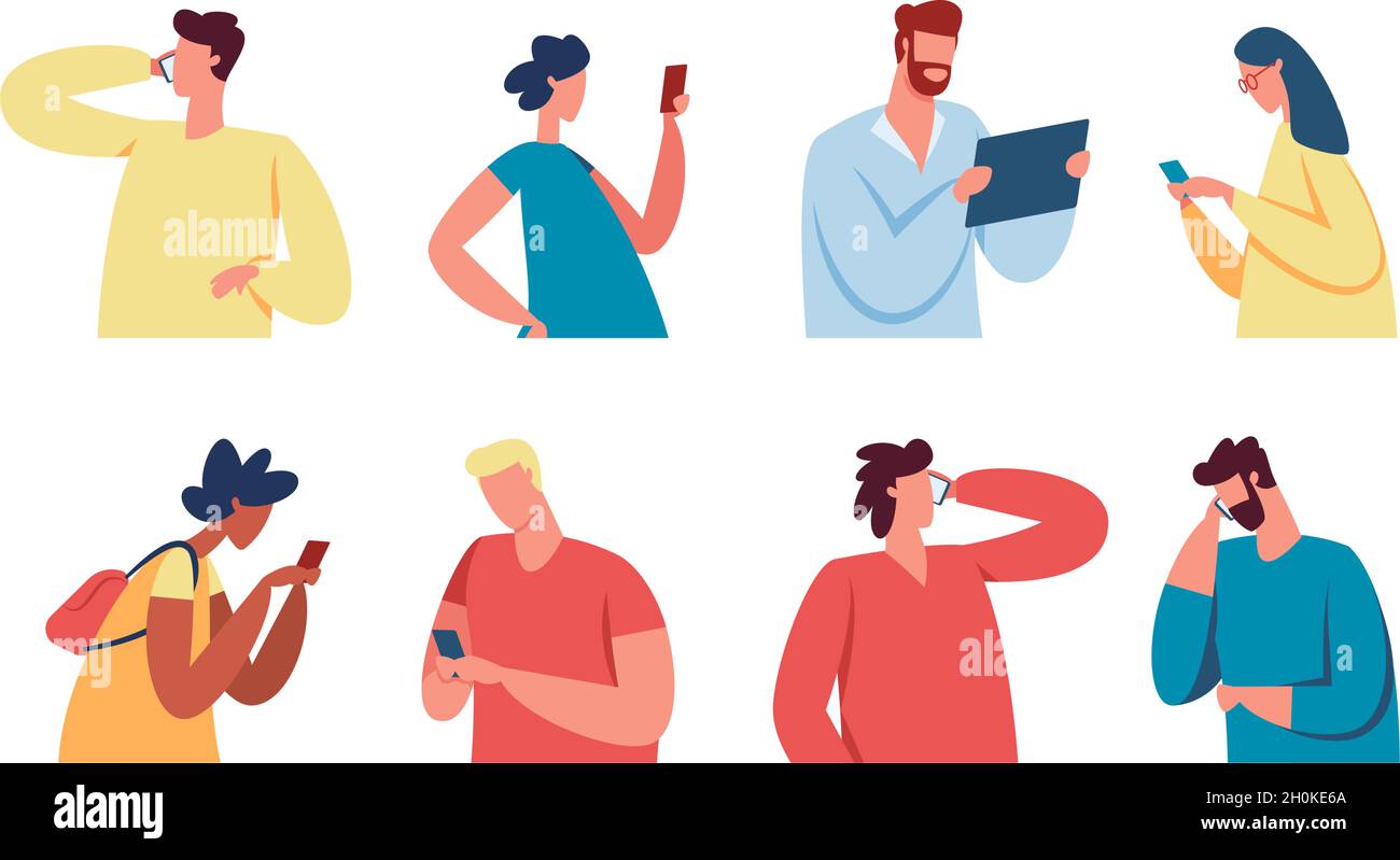 People with gadgets, young characters use mobile phones or tablets. Men ...