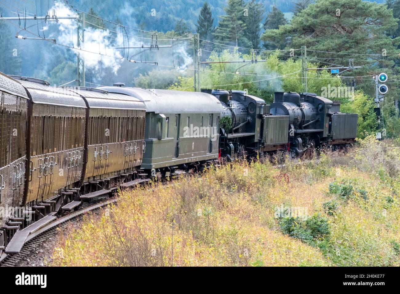 Old fashioned train vagon of a Steam locomotive in the station of ...