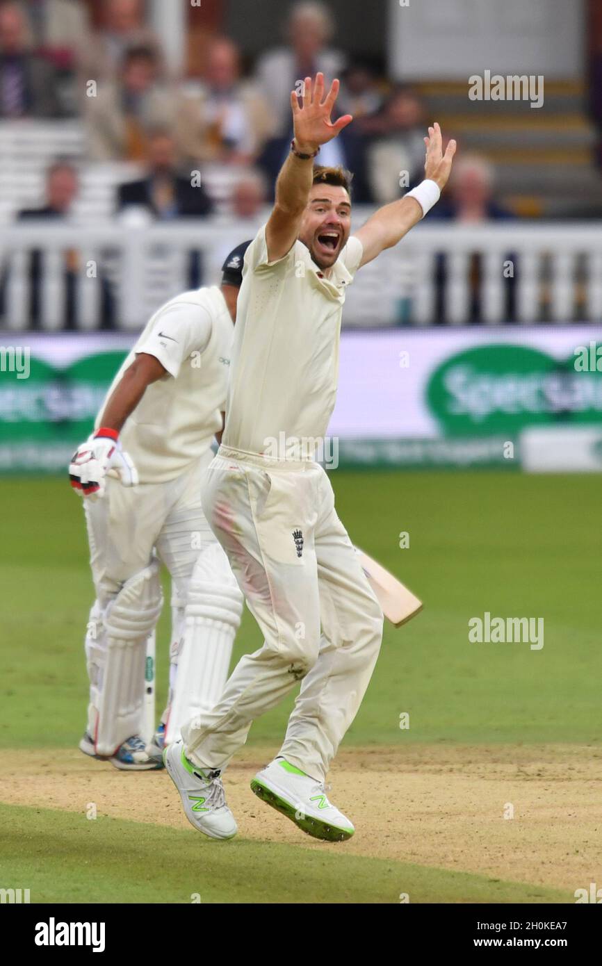England’s James Anderson celebrates taking the wicket of India’s ...
