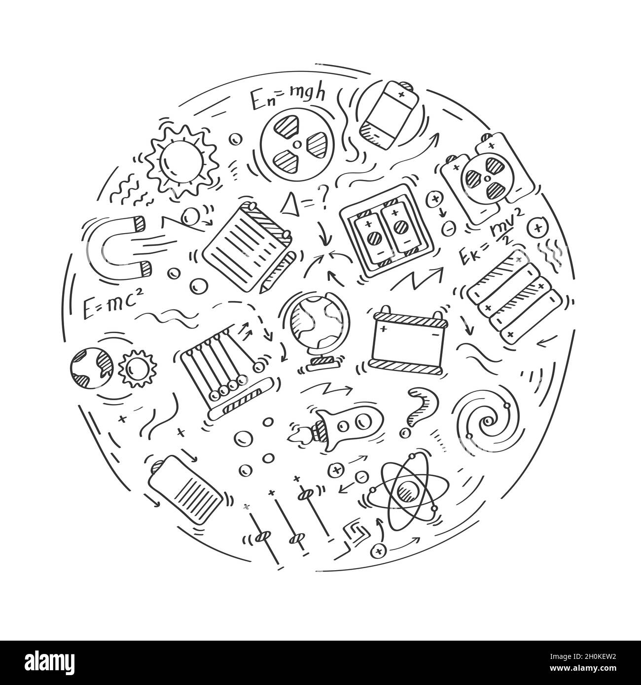 circle Set of doodle linear icons. Magnet, radiation, energy, kinetic ...