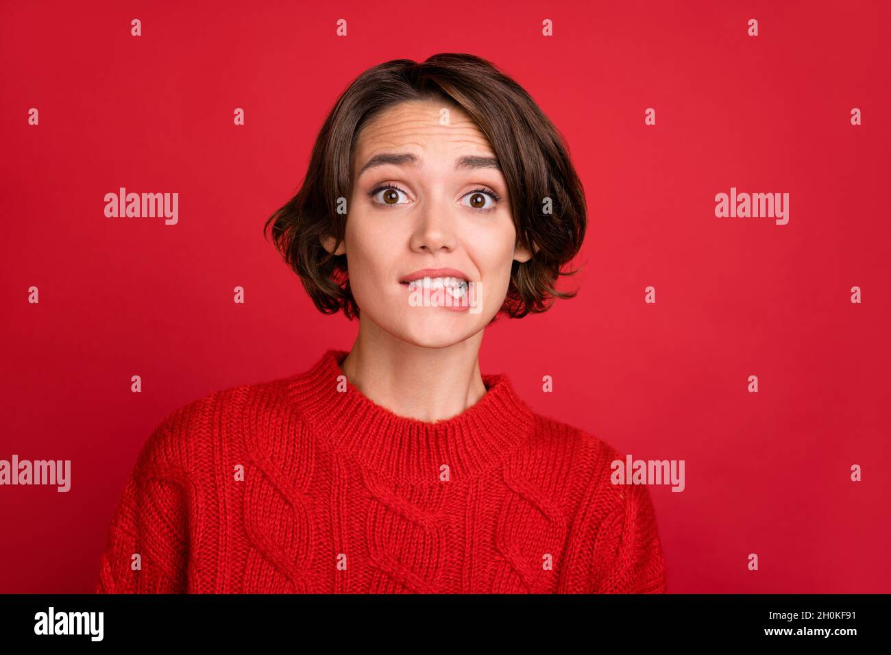 Photo of young woman bite lips teeth worried nervous fail problem ...