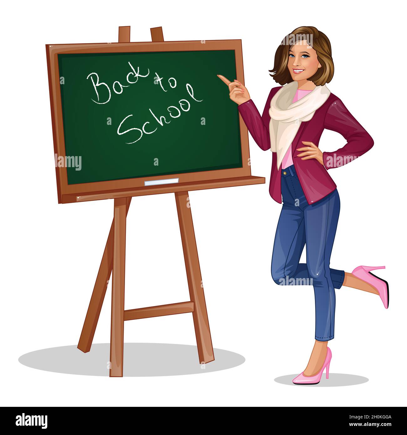 Young Woman Teacher Standing Pointing At Blackboard With Back To School