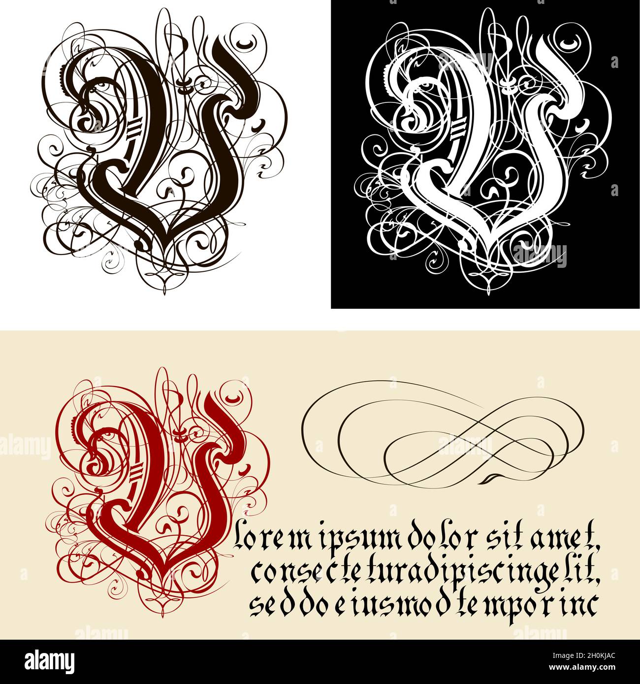 Decorative Gothic Letter V. Uncial Fraktur calligraphy. Vector Eps-8 ...