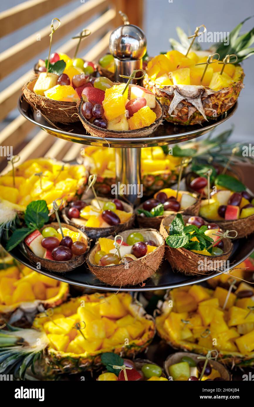 Fruit snacks on a tiered plate Stock Photo - Alamy