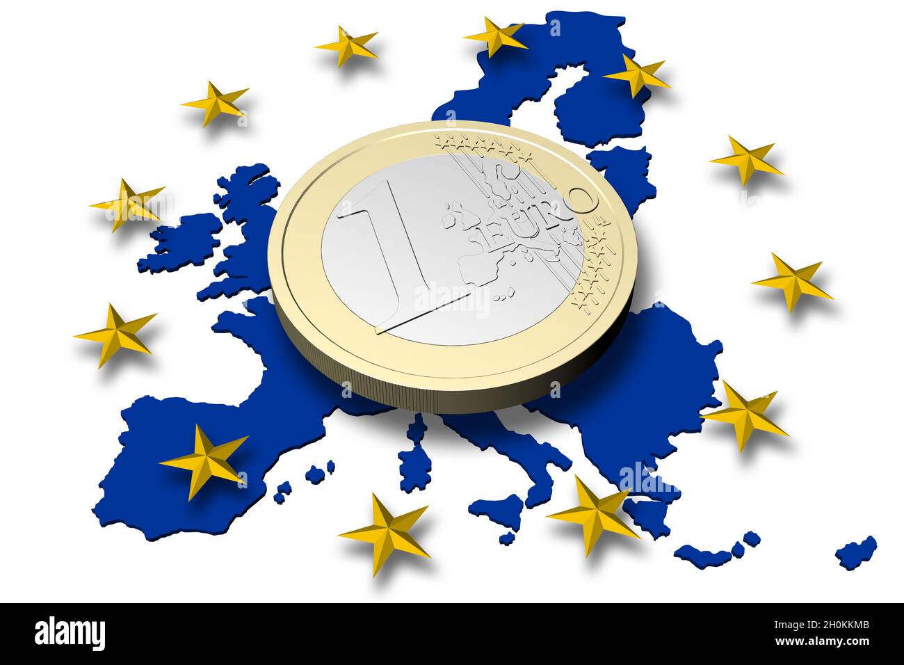 3D illustration. Europe. One Euro coin with europe map and stars in the ...