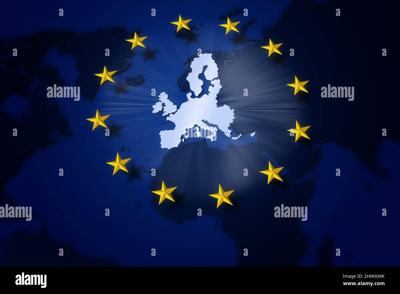 3D illustration. Europe. European Union Flag. Circle of yellow stars on ...