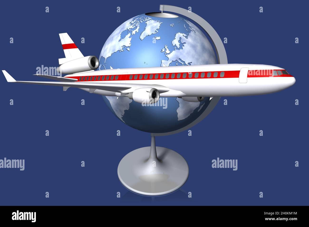 3D illustration. Airplane and world map isolated on blue background ...