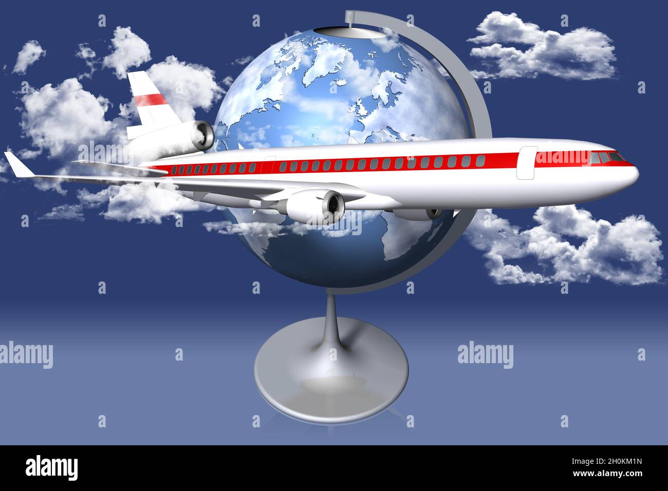 3D illustration. Airplane in the foreground. Background world map, sky ...