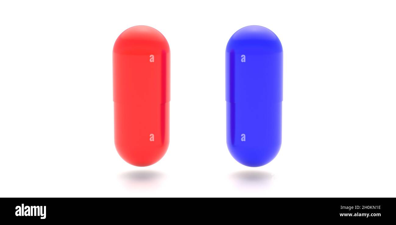 Two capsules red and blue in vertical position isolated on white ...