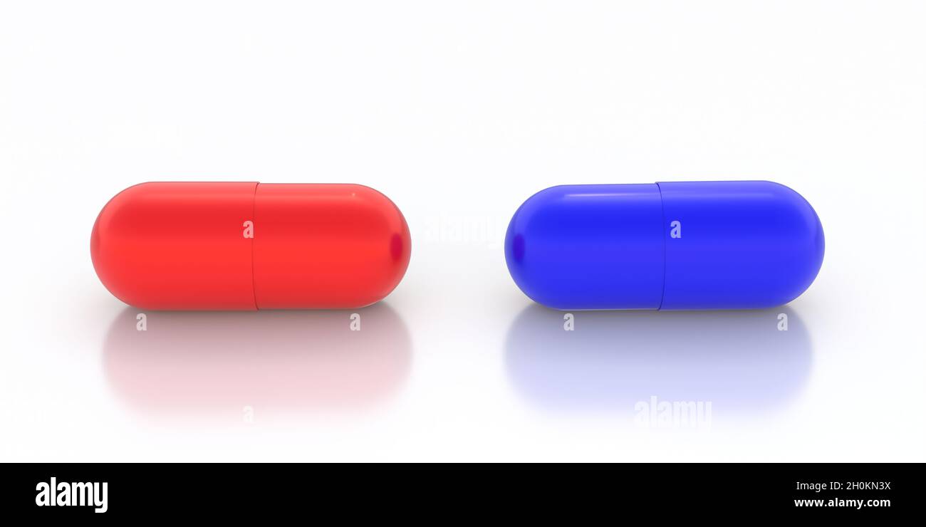 Pills for patient treatment. Two capsules red and blue in horizontal ...