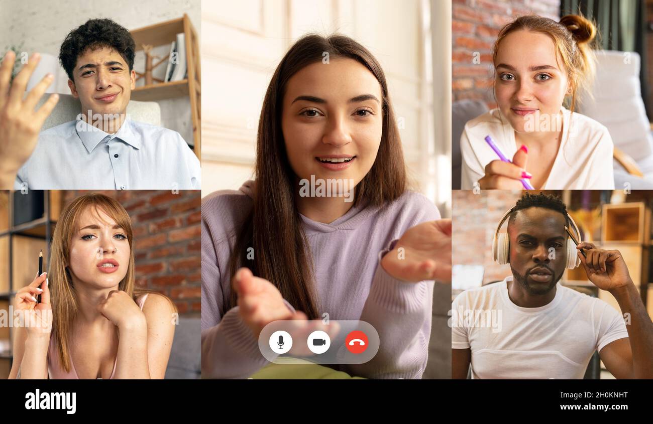 Group of men and women meeting via group video call, share ideas ...