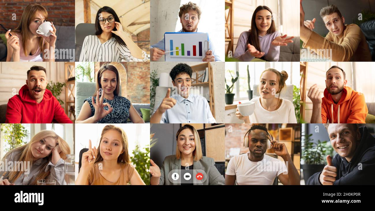 Group of men and women meeting via group video call share ideas ...