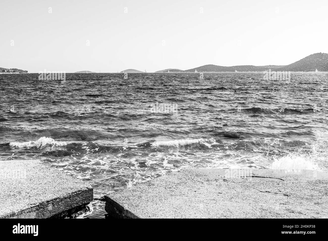 Grayscale of a hexagon coastal barrier in a beach in Croatia Stock ...
