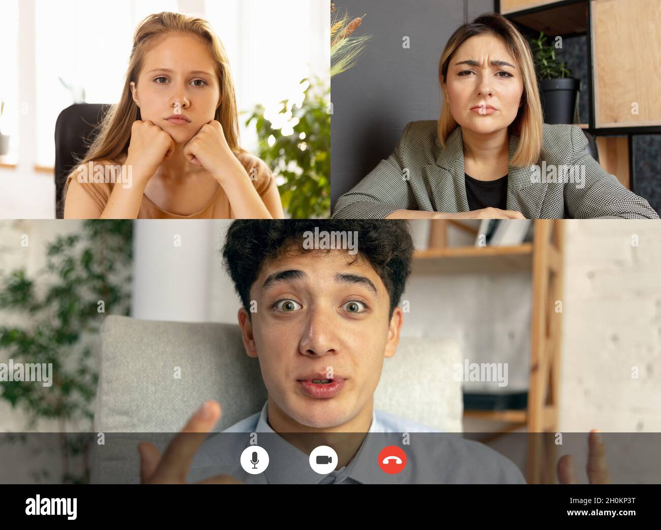 Collage of young man and women meeting via group video call share ideas ...