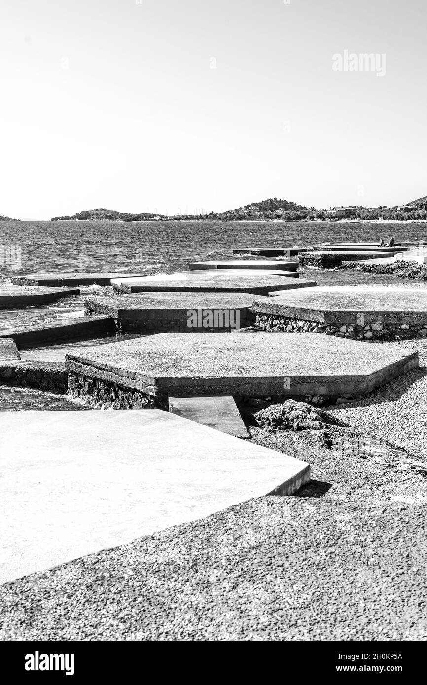 Grayscale of a hexagon coastal barrier in a beach in Croatia Stock ...