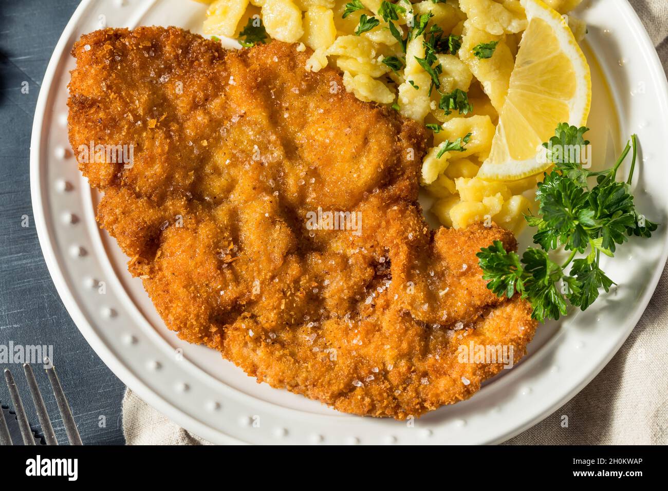 Homemade German Pork Schnitzel with Egg Spaetzle Stock Photo - Alamy