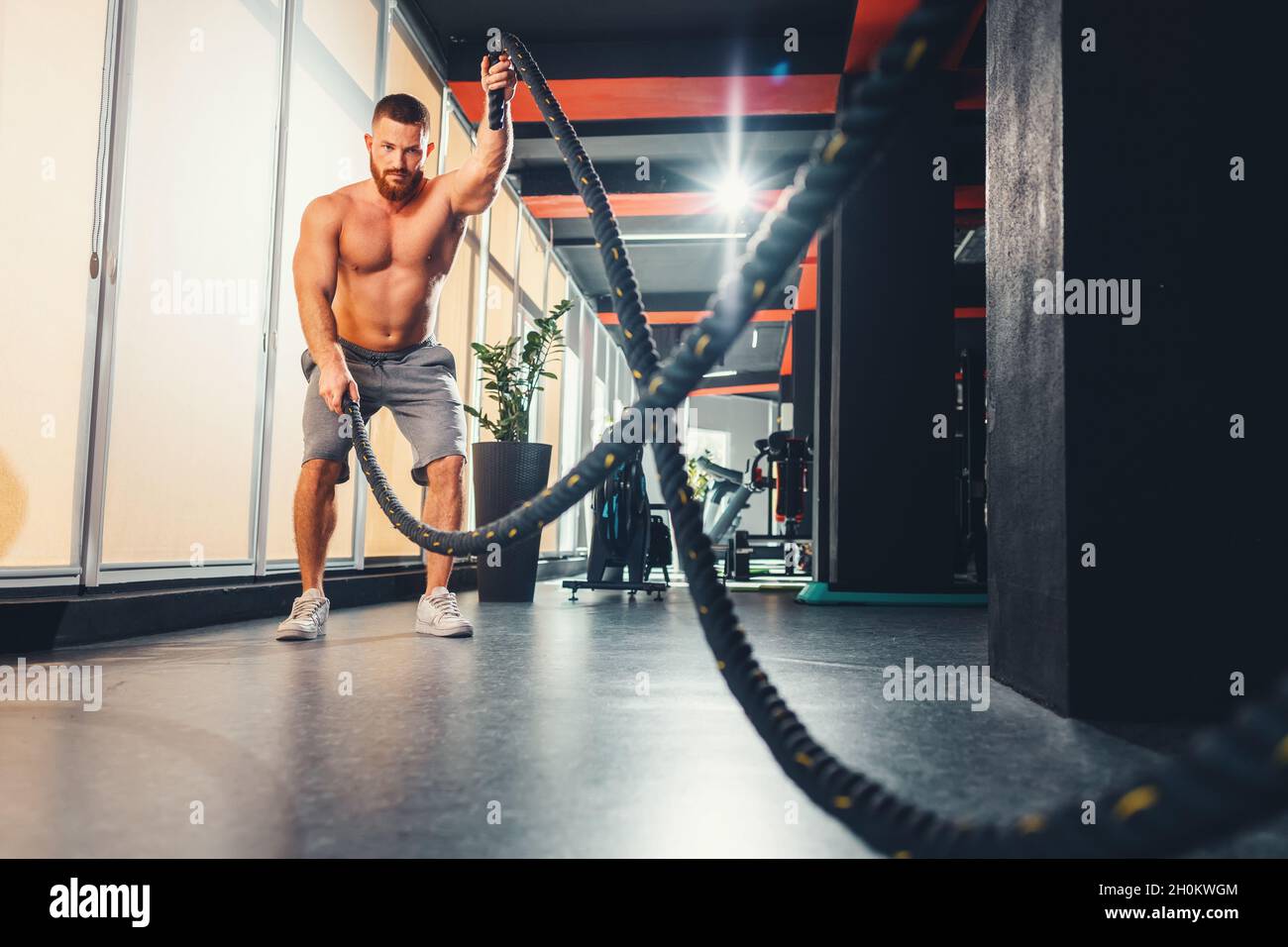 Athletic young man with battle rope doing exercise in fitness gym ...
