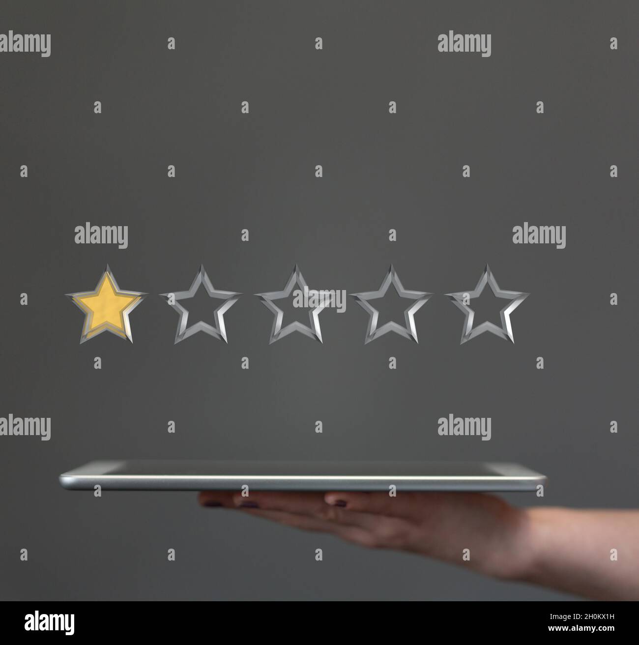 3d rendering of a review icon and rating stars showing negative ...