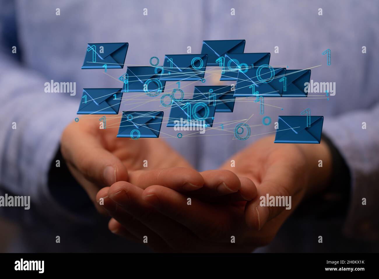 3D render of an email symbol and Network Communications with a blurry ...