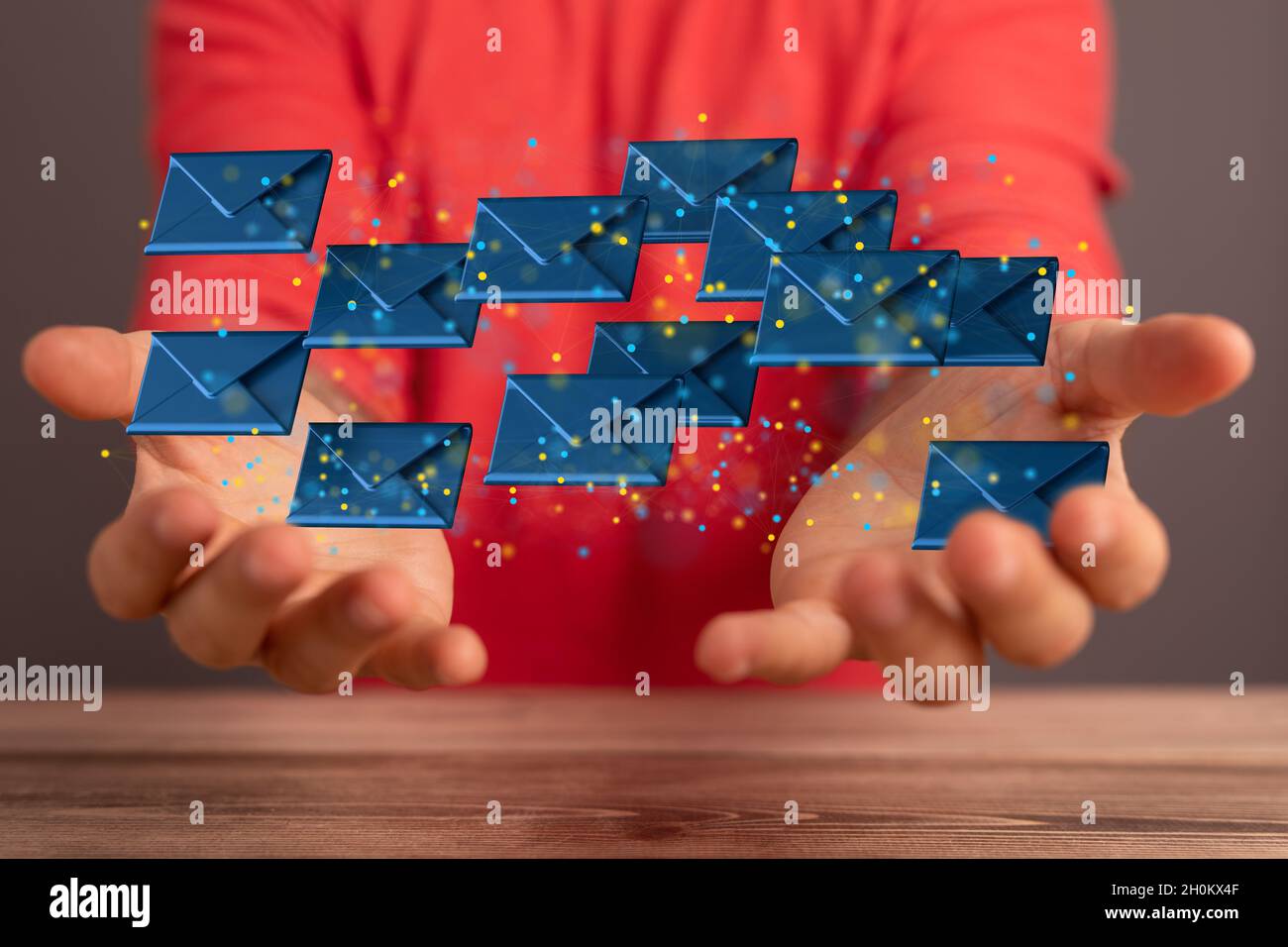 3D render of an email symbol and Network Communications with a blurry ...