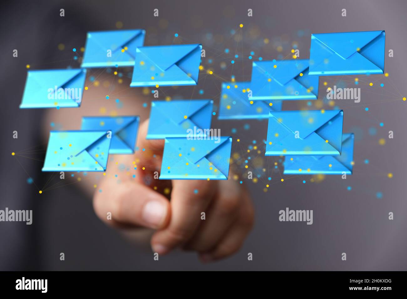 3D render of an email symbol and Network Communications with a blurry ...