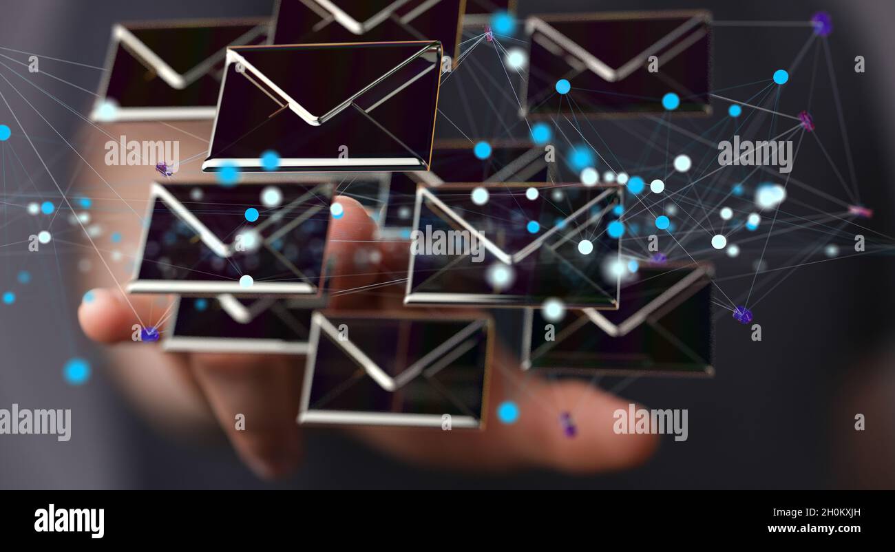 3D rendering of a man pointing at floating email icons - Concept of ...