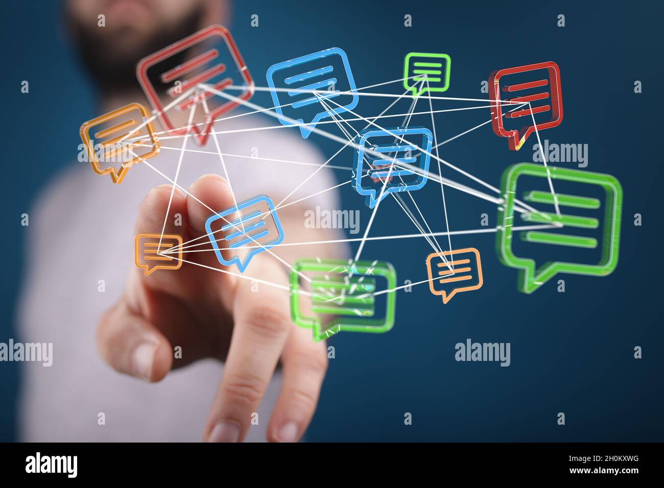 3D rendering of a man pointing at floating colorful email icons ...