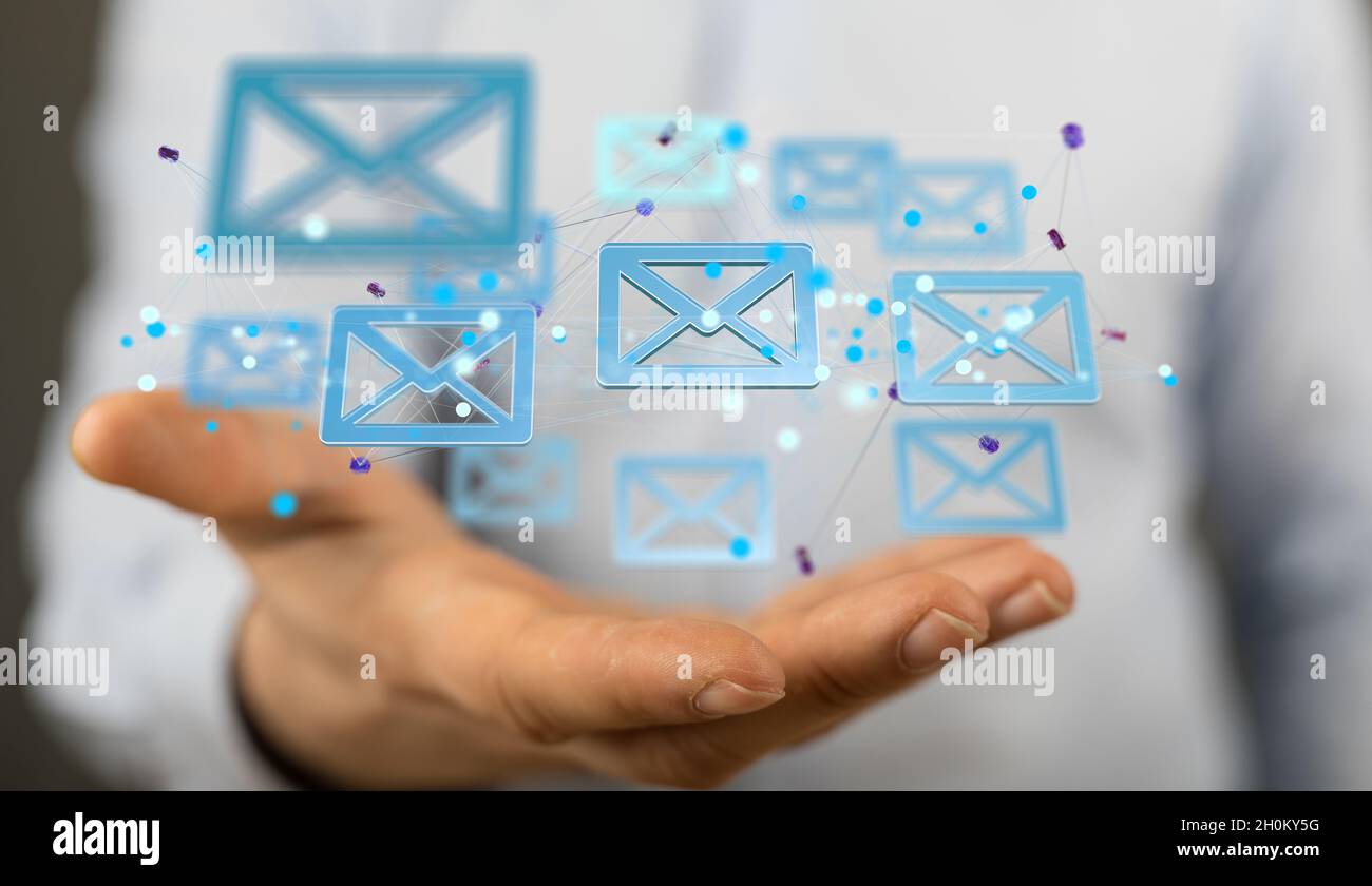 3D render of an email symbol and Network Communications with a blurry ...