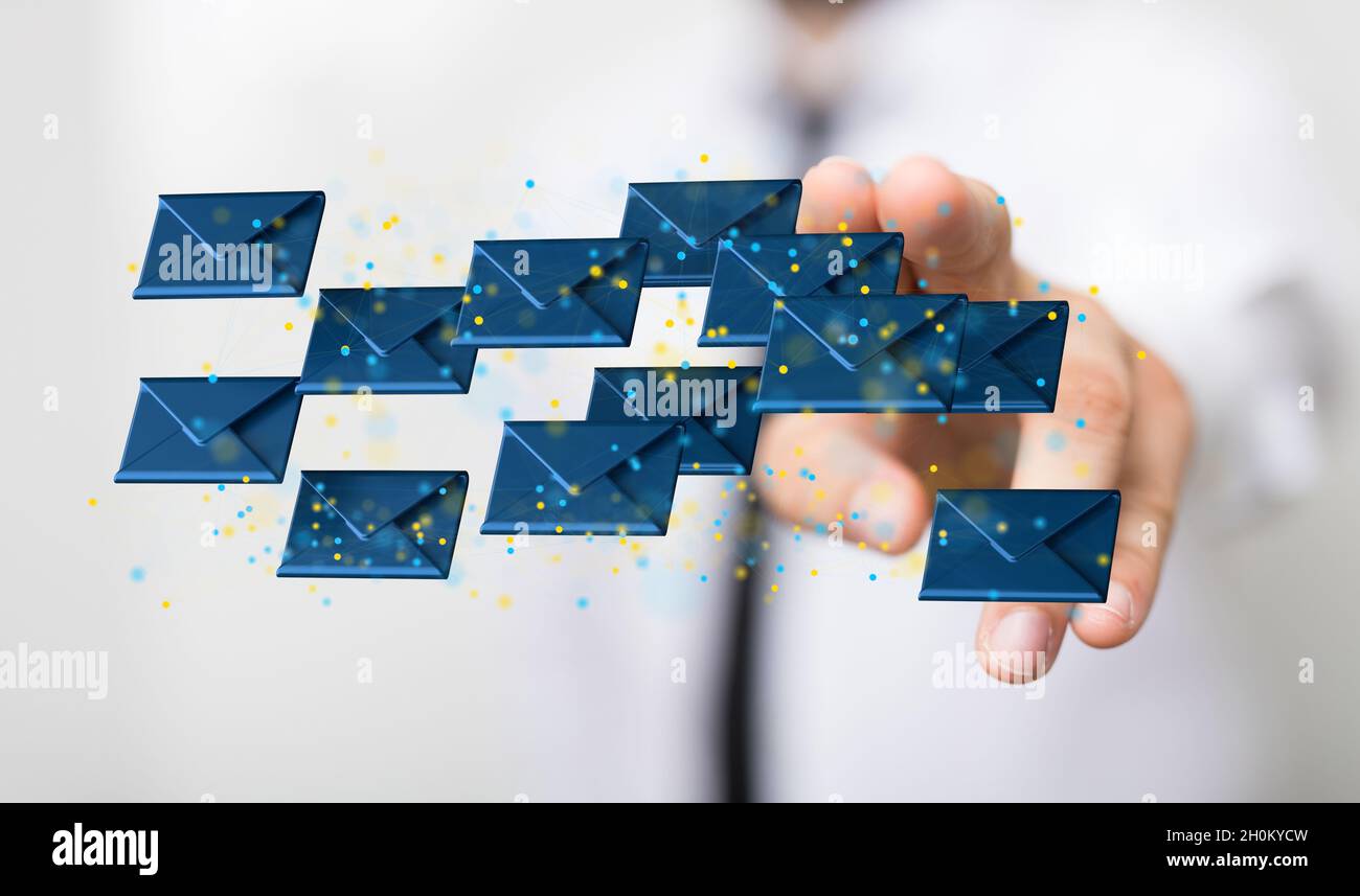 3D render of an email symbol and Network Communications with a blurry ...