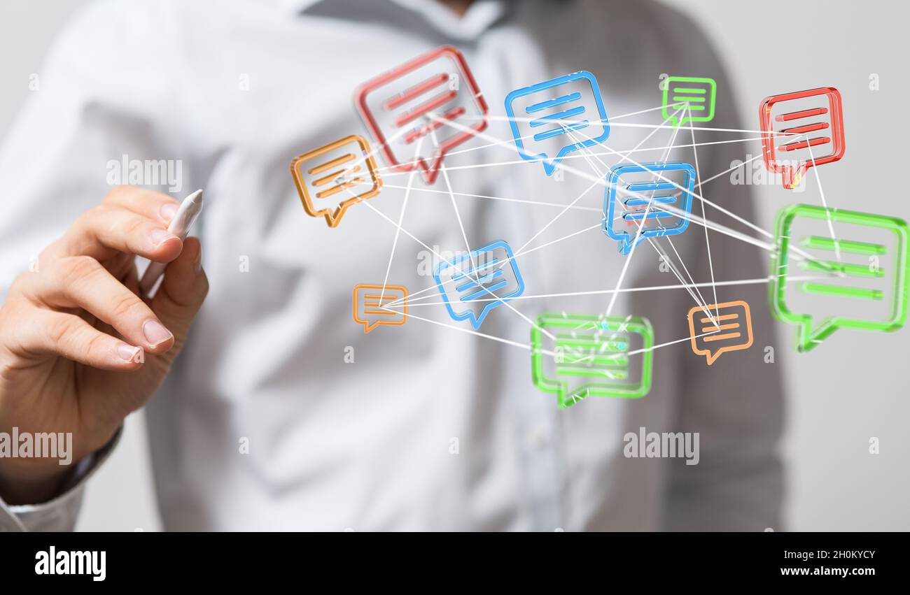 3D rendering of a man pointing at floating colorful email icons ...