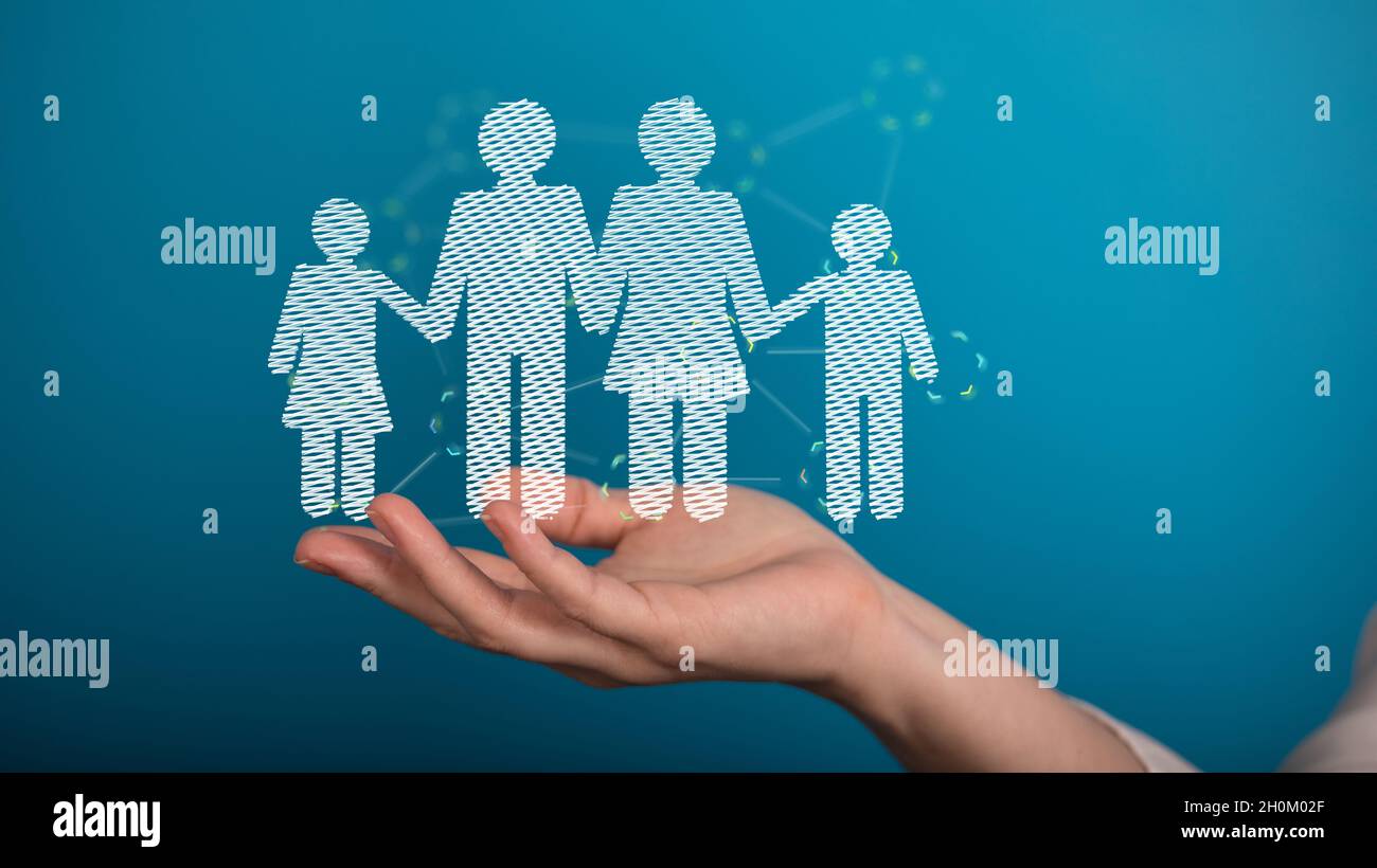 3d rendering of Protection And Care sign in hand with a blue background ...