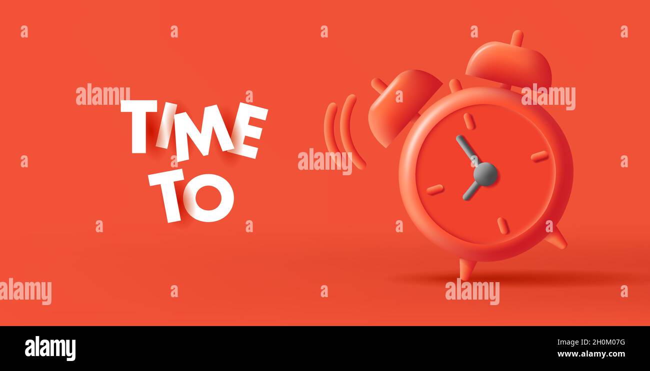 red background with red 3d render clock illustration and text time to ...
