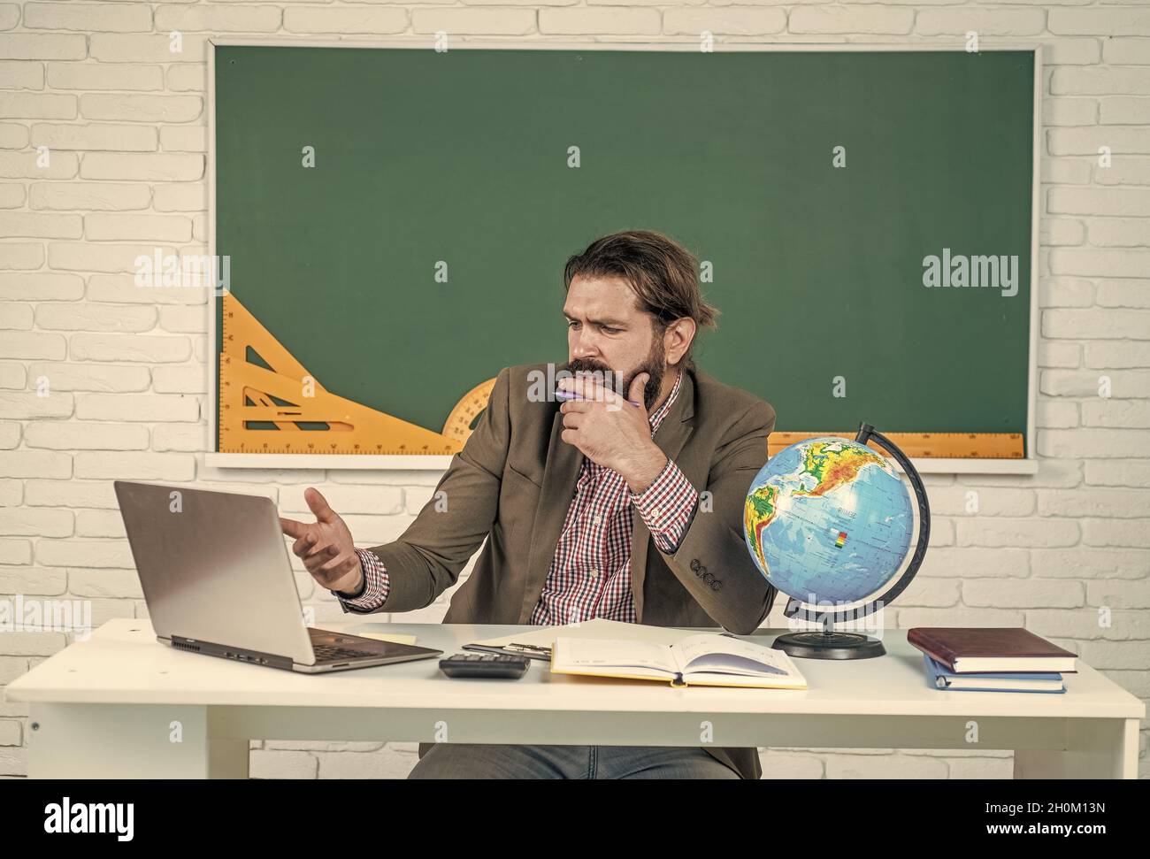 college student man distance learning studying with online teacher on ...