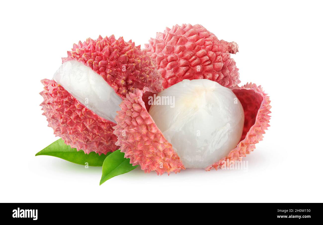 Isolated lichee. Three fresh peeled lichi fruits isolated on white ...