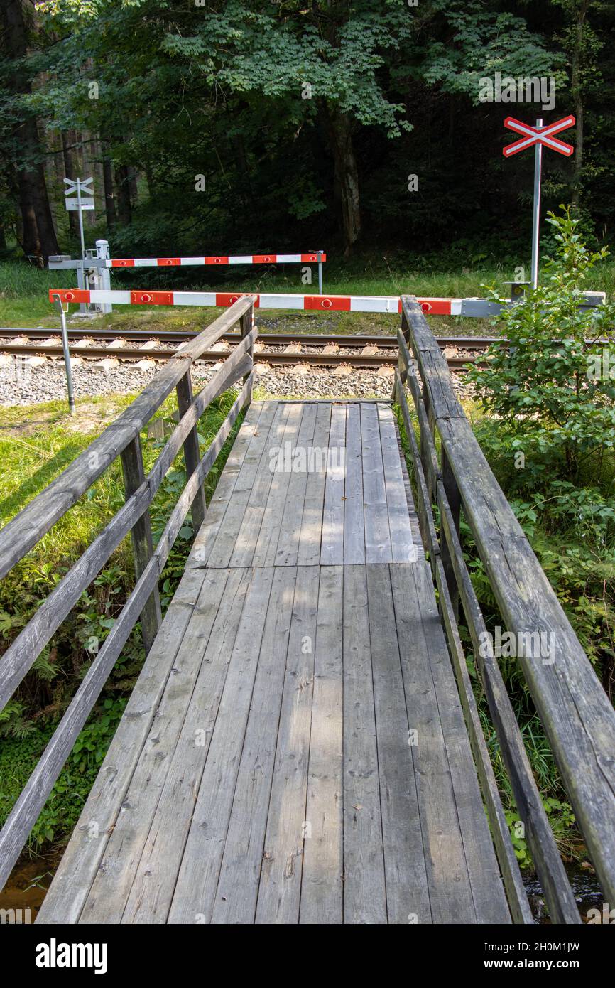 Forest footpath with footbridge closed by a barrier before entering the ...