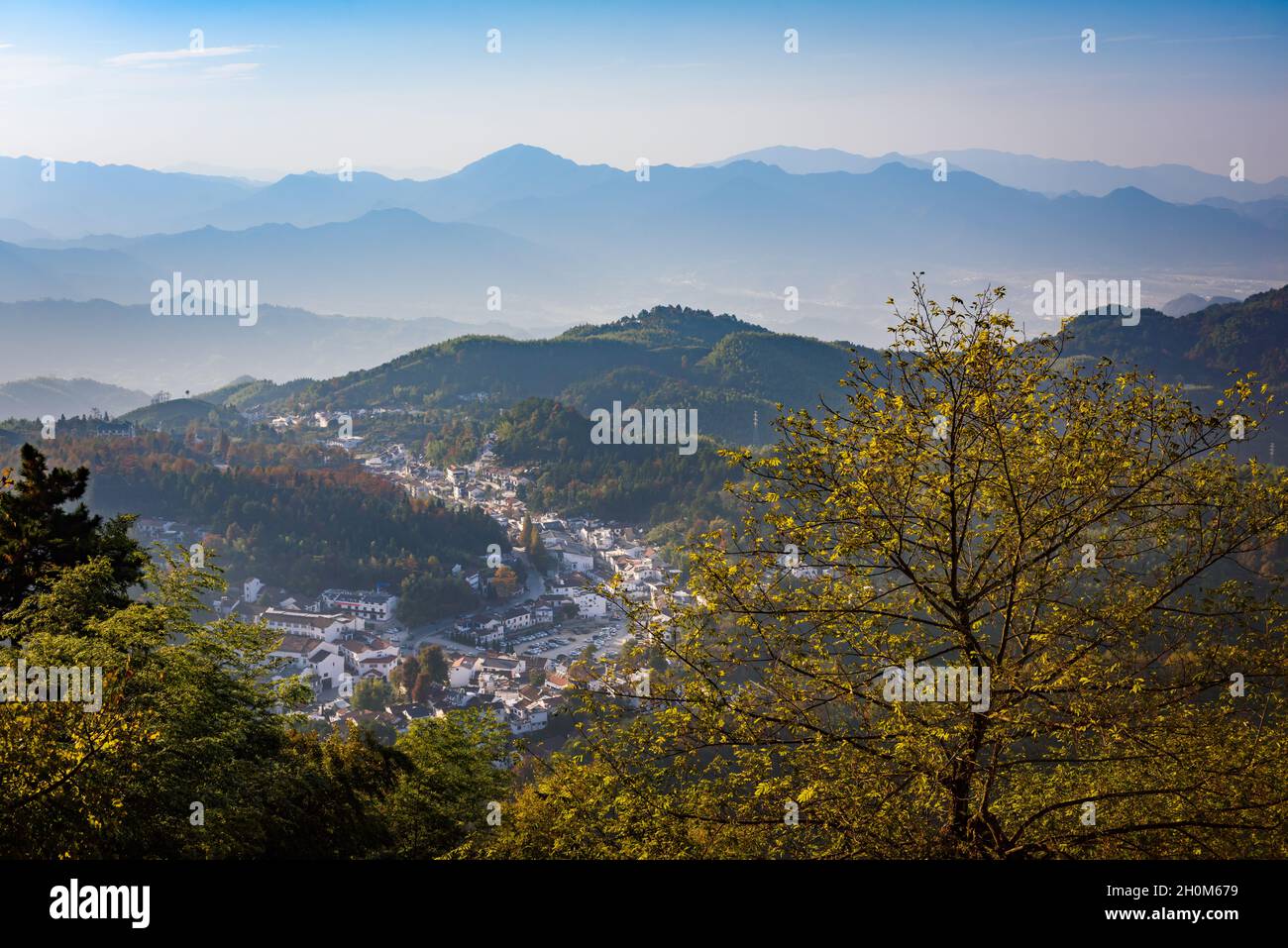 Anhui China - 04 November 2017: Aerial view of ancient town cityscape ...