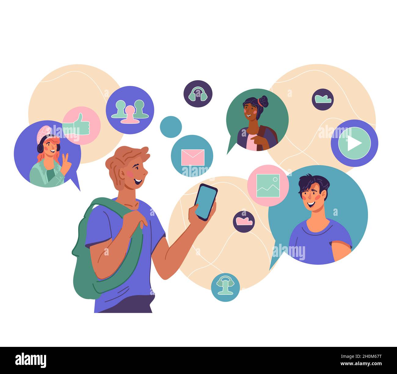 Man browsing social networks, making post and sharing news and messages ...