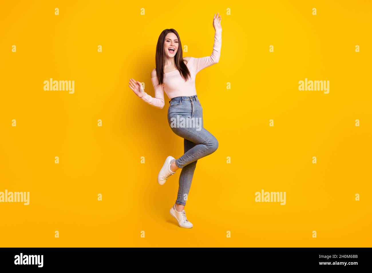 Full size photo of young beautiful charming excited woman girl enjoying ...