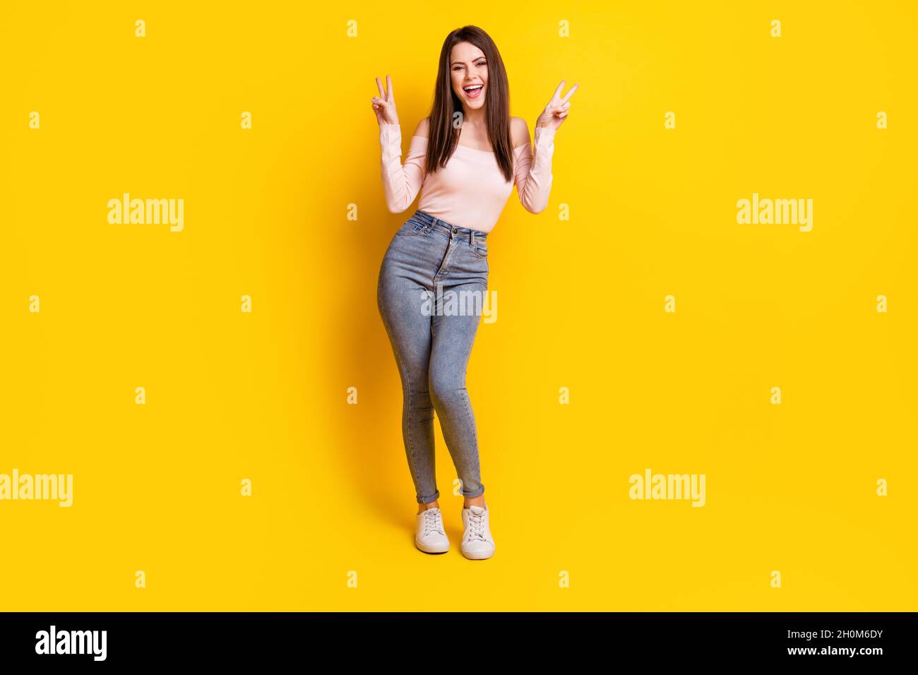 Full size photo of young happy excited cheerful funky girl dancing ...