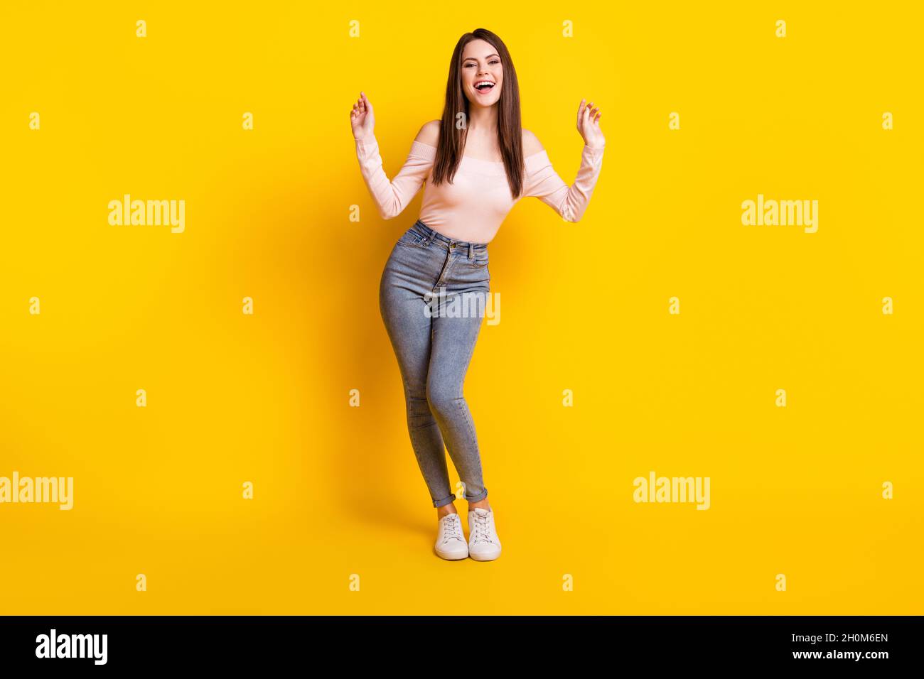 Full size photo of young happy excited crazy smiling woman dancing ...