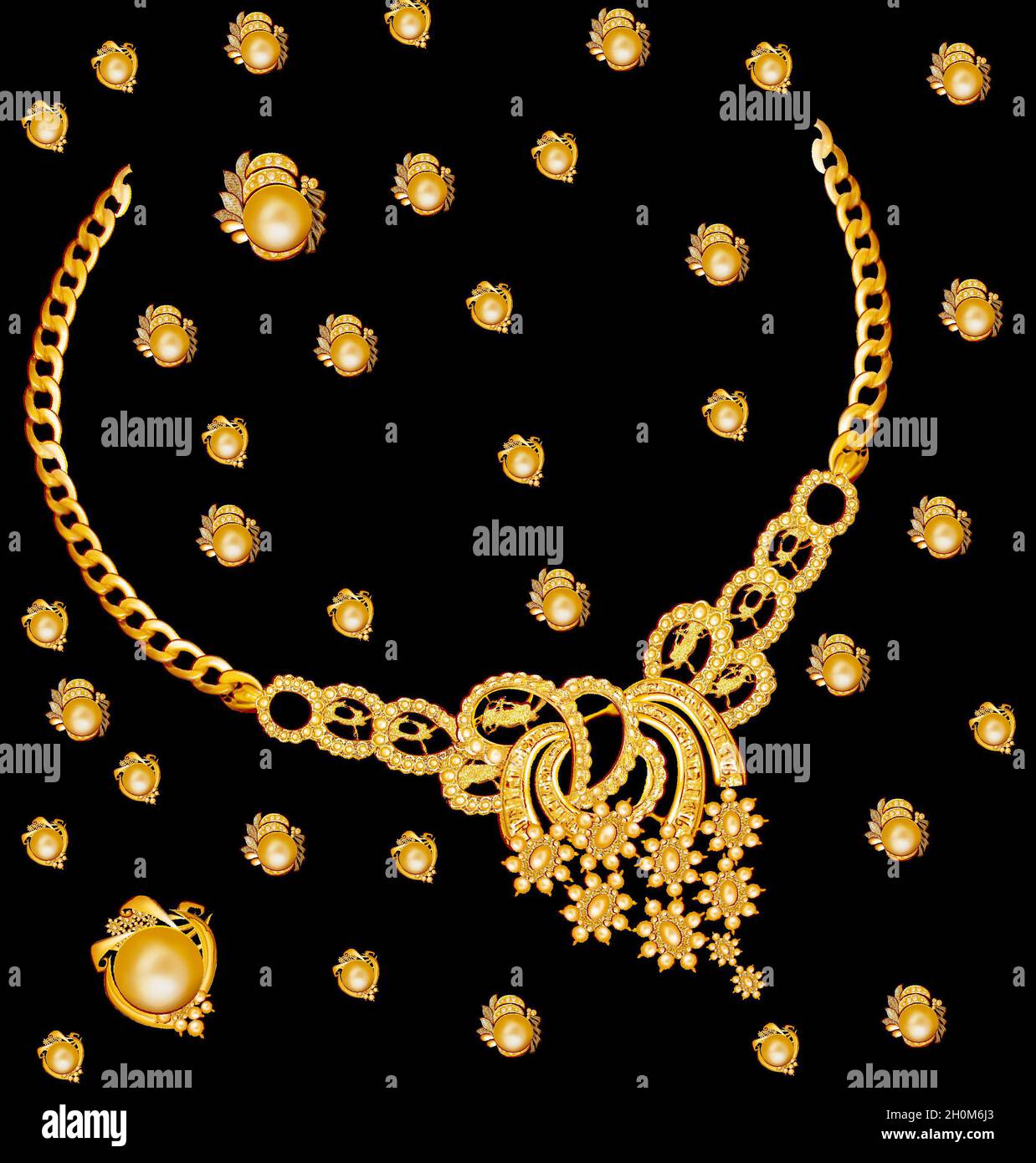 Illustration of a gold necklace with gold pendant patterns on a black ...