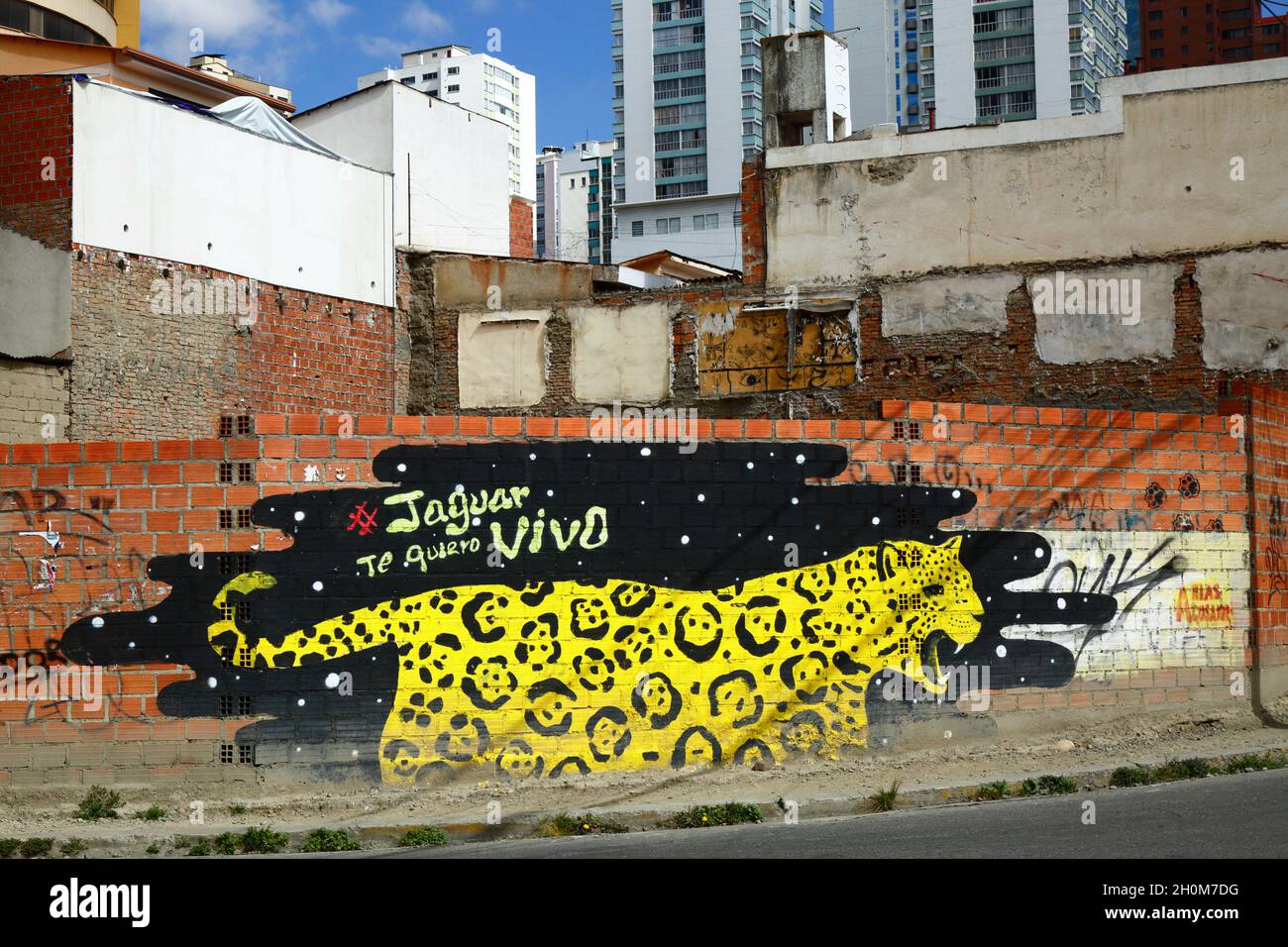 Mural of a jaguar on brick wall, in protest against wildlife ...